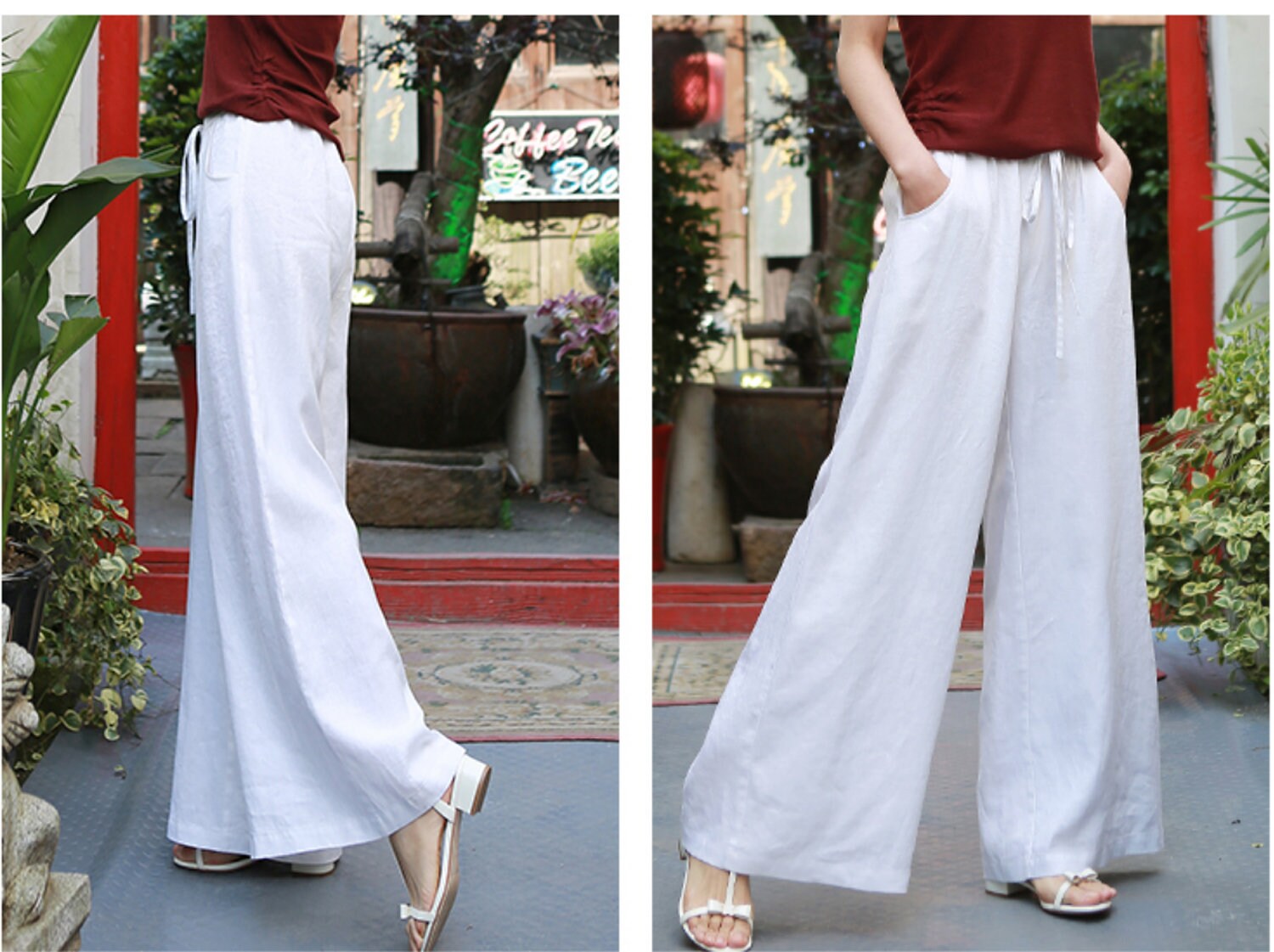 Women's /elastic Waist/linen Wide Leg Long Pants/pockets/drawstring ...