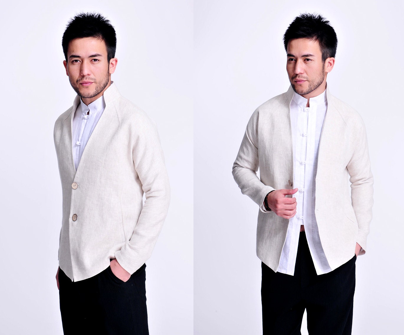 Chill Opal / Asian Style Men's Linen Jacket With Deep V Neckline/ High ...