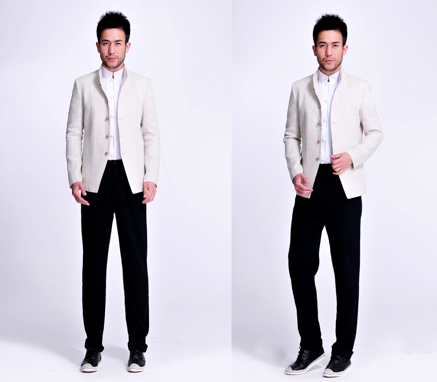 Native Oak / Classic Asian Design/ Linen Men's Jacket With Wooden ...