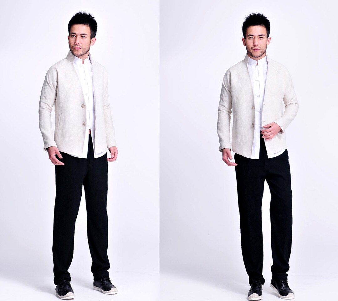 Chill Opal / Asian Style Men's Linen Jacket With Deep V Neckline/ High ...
