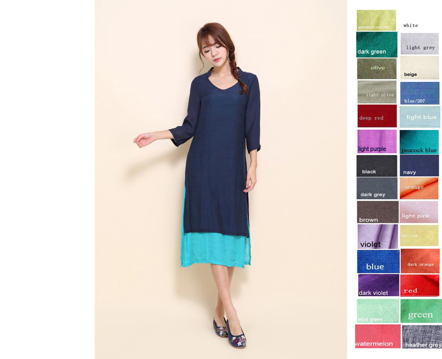 V Neckline Linen Two Layered Dress/ More Color Schemes/ RAMIES - Etsy