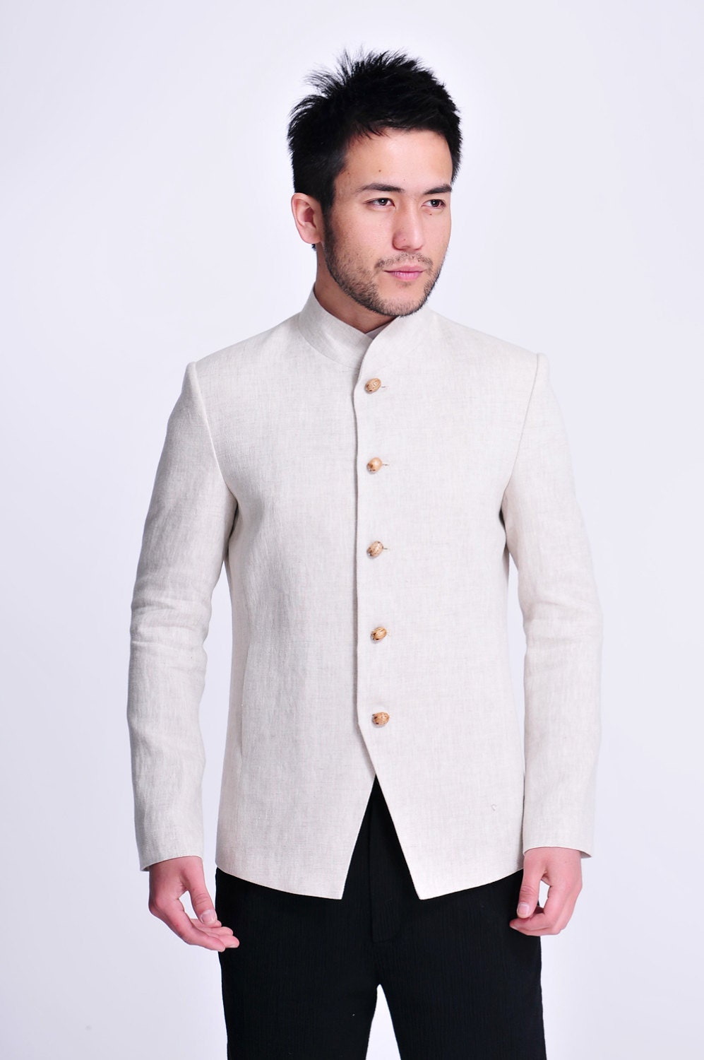 Native Oak / Classic Asian Design/ Linen Men's Jacket With Wooden ...