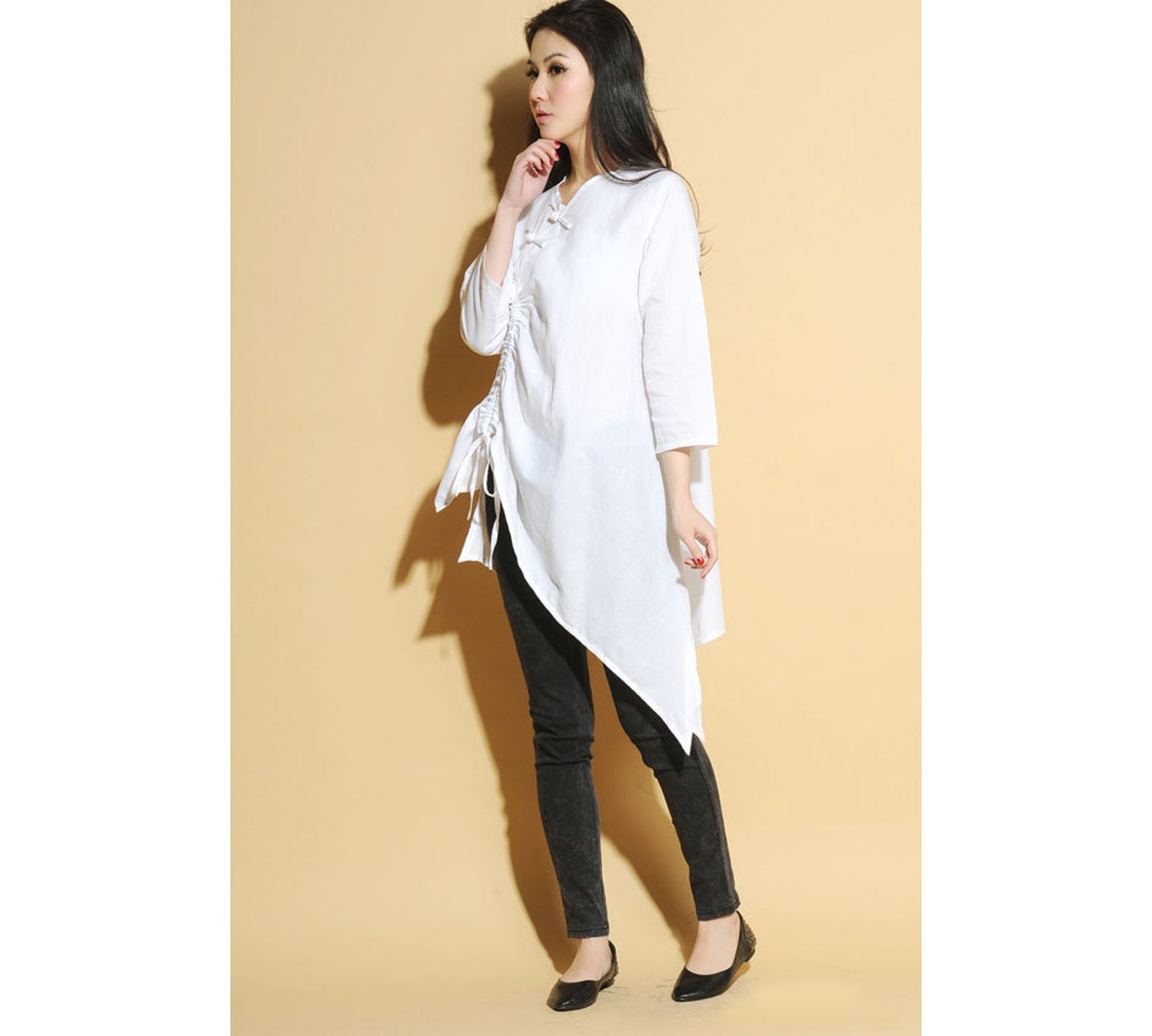 Drawstring Linen Blouse With Handmade Buttons /ethnic Style ...