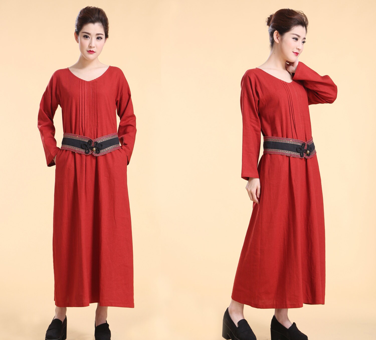 Pleated Linen Long Dress With Traditional Handmade Belt / 14 Colors ...