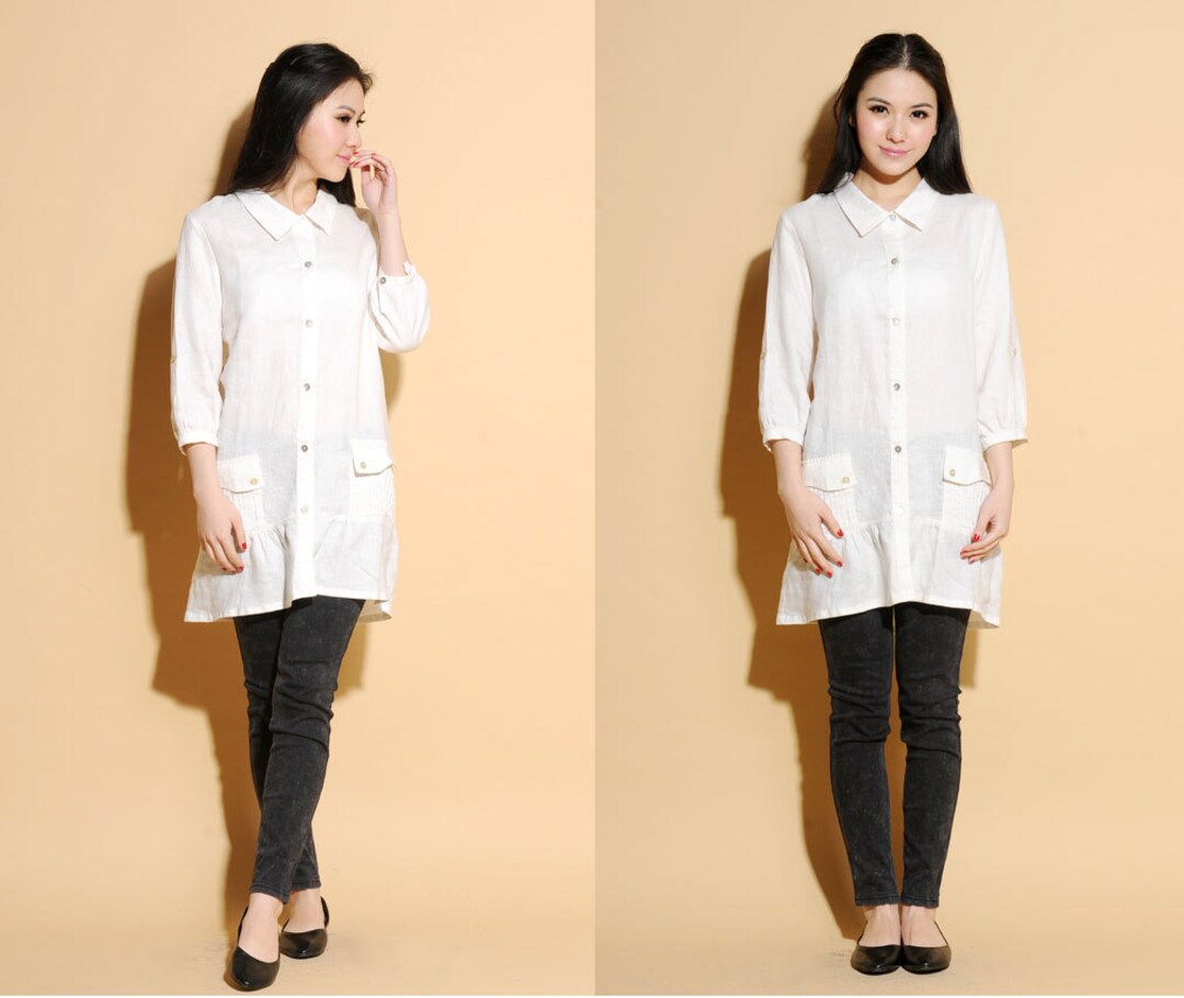 Sweet Ruffled Linen Long Blouse With 3/4 Sleeves / 26 Colors/ Any Size ...