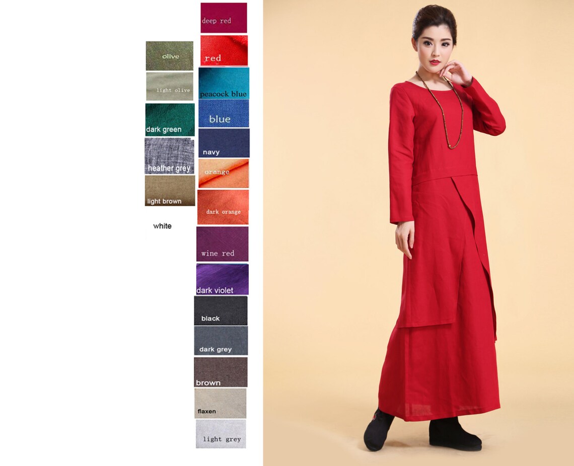 Asian Style Linen Long Dress With Its Skirt in Two Layers/ Long Sleeves ...