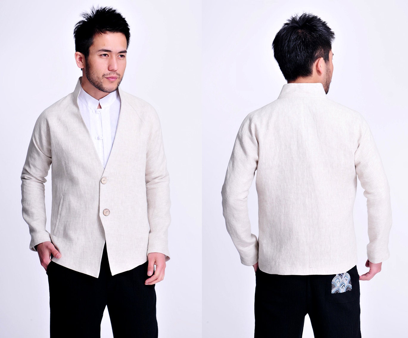 Chill Opal / Asian Style Men's Linen Jacket With Deep V Neckline/ High ...