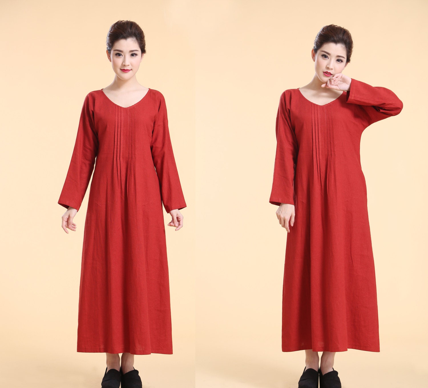 Pleated Linen Long Dress With Traditional Handmade Belt / 14 Colors ...