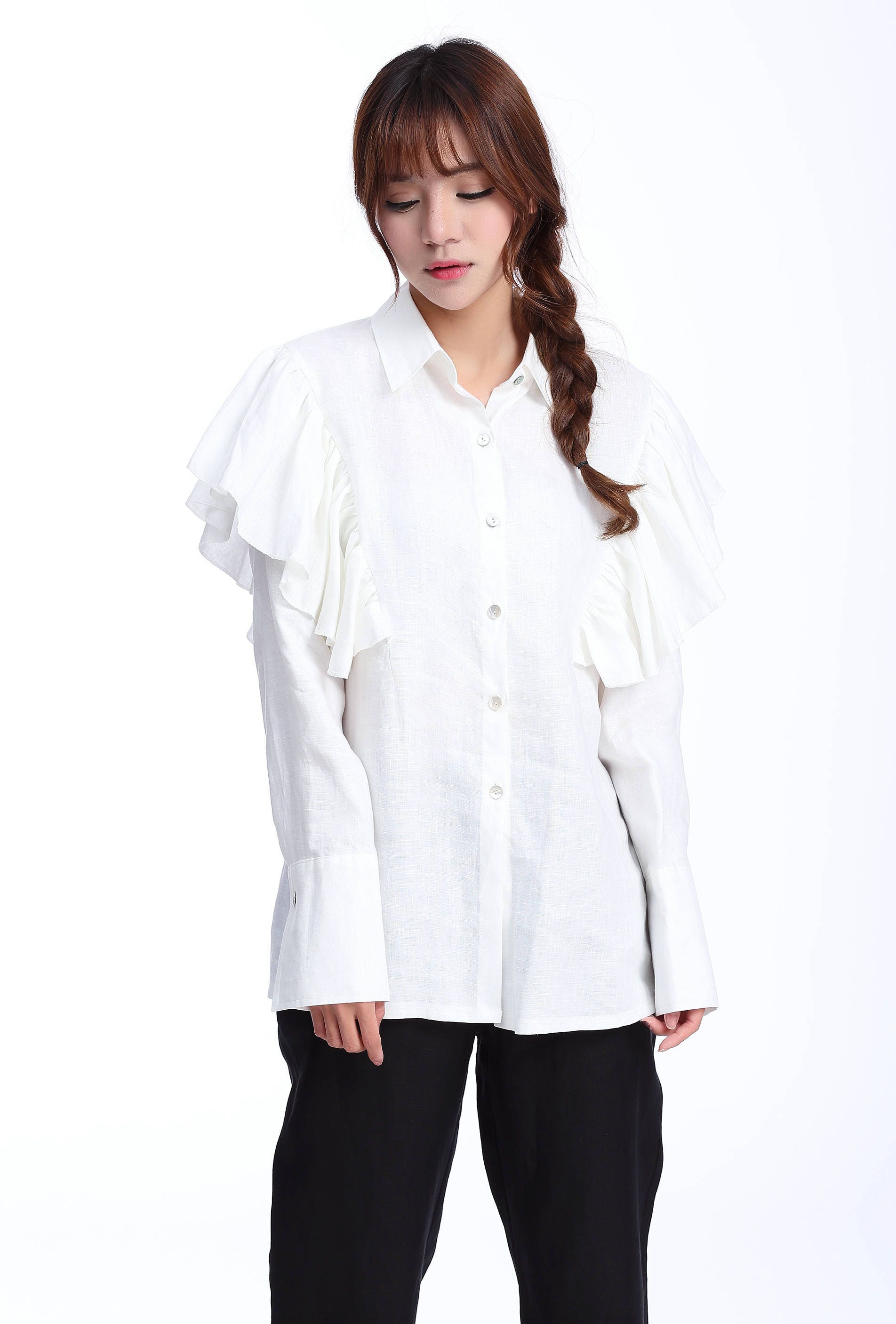 Leafy Layers Blouse With Long Sleeve/ Ruffled Linen Shirt/ 25 Colors ...