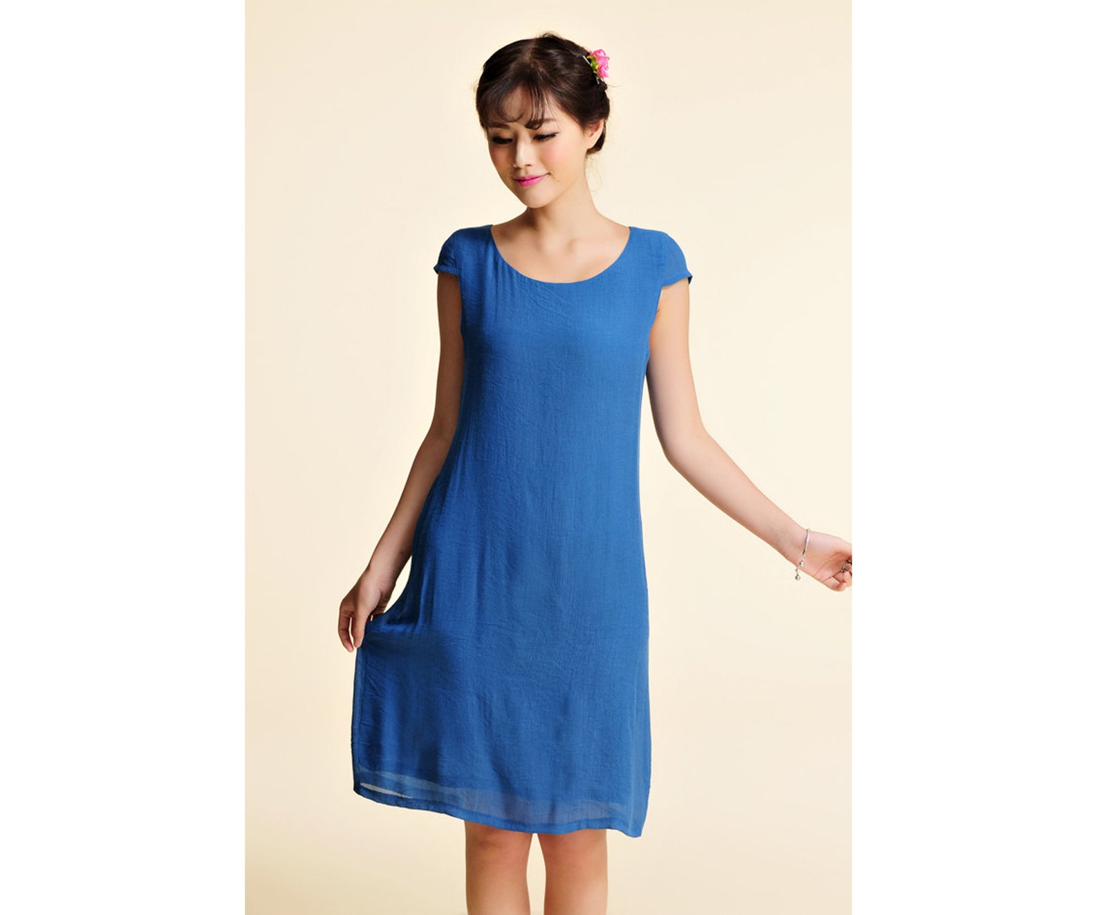 Bluebonnet /ideal Hot Weather Dress / Lovely Silk Dress With Cap Sleeve ...