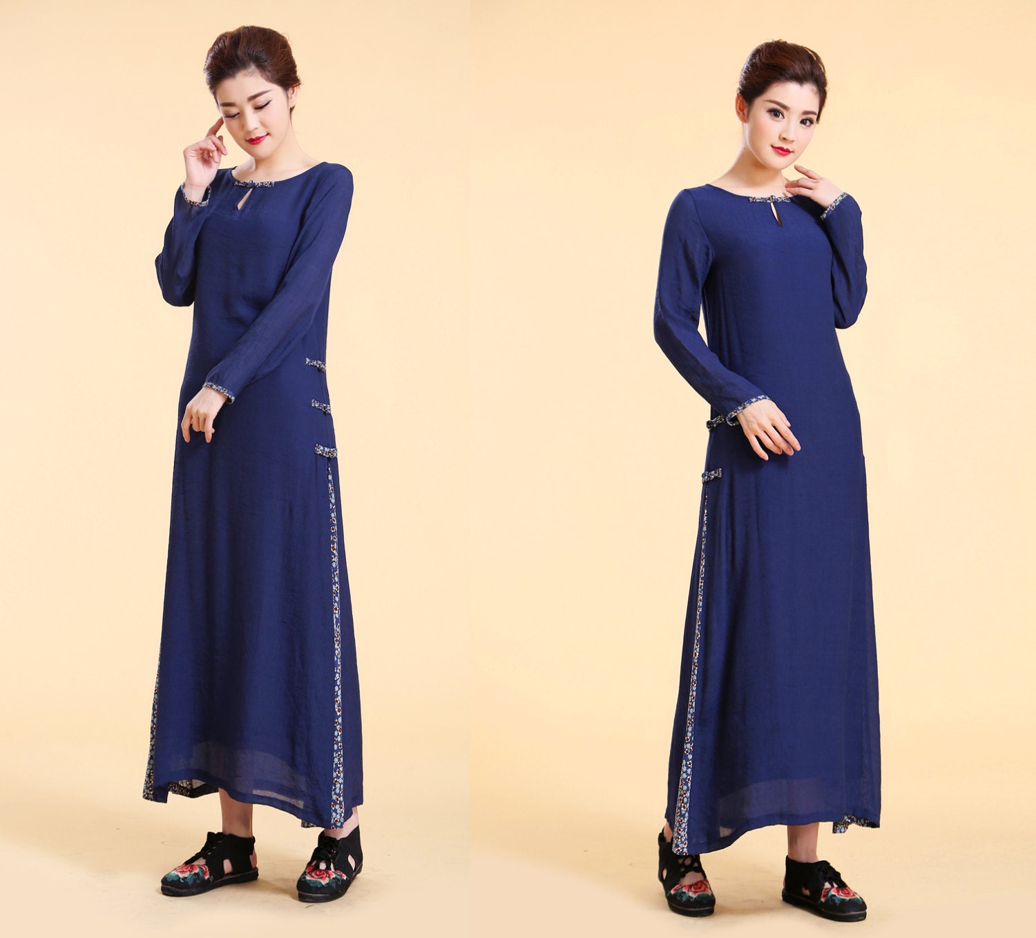 Chinese Style Elegant Silk Dress With Scarf/ A Keyhole Neckline ...