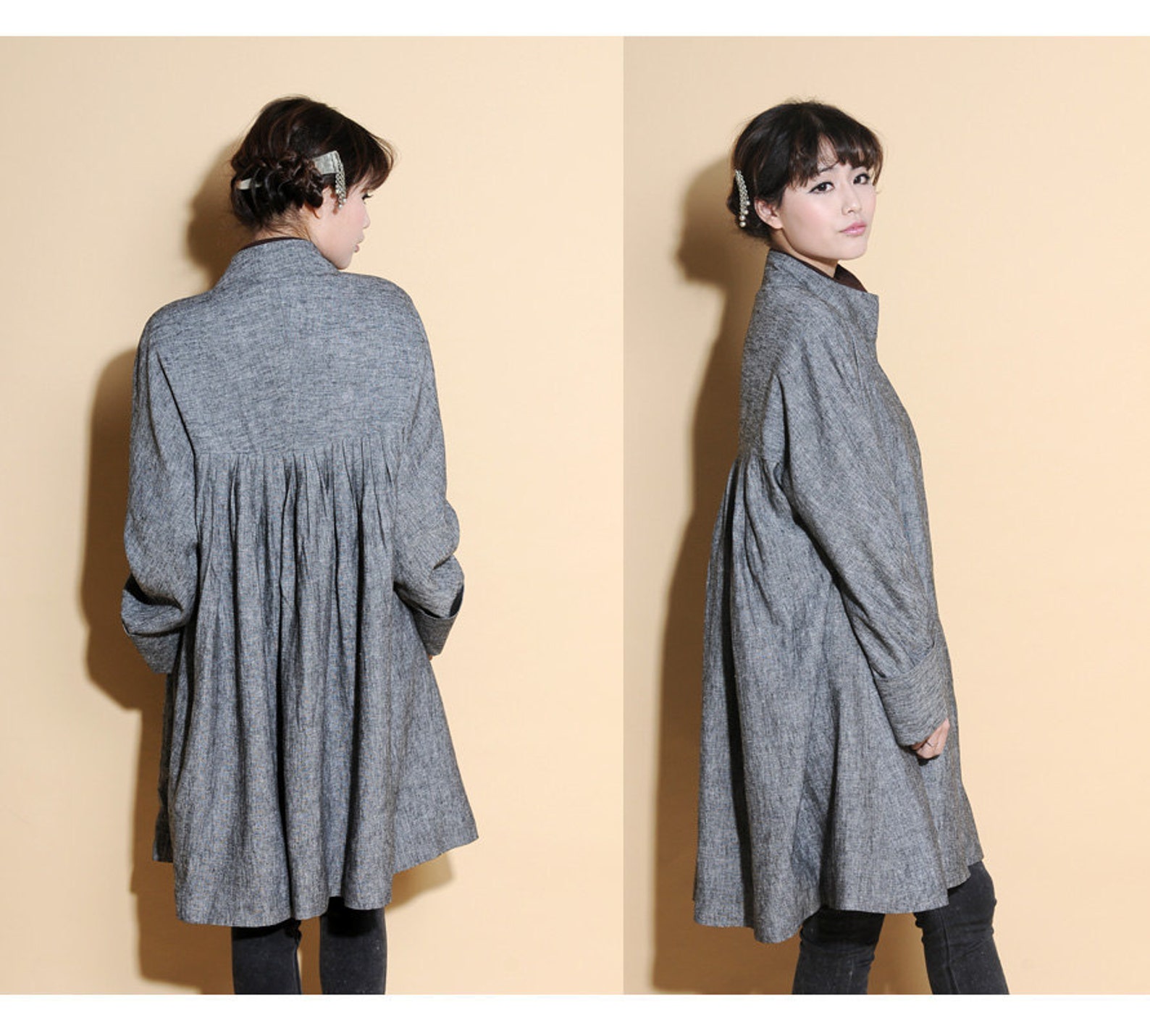 Free Style Pleated Linen Long Jacket/ Cape/ Heather Grey/ - Etsy