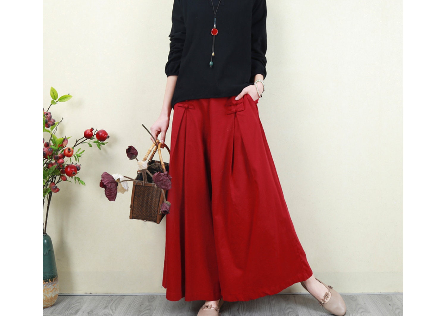Women's/elastic Waist/ethnic Style/pleated Linen Wide Leg - Etsy
