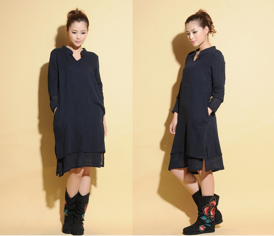 Chinese Style Two Layed Dress With Handmade Button/ V Neck / - Etsy