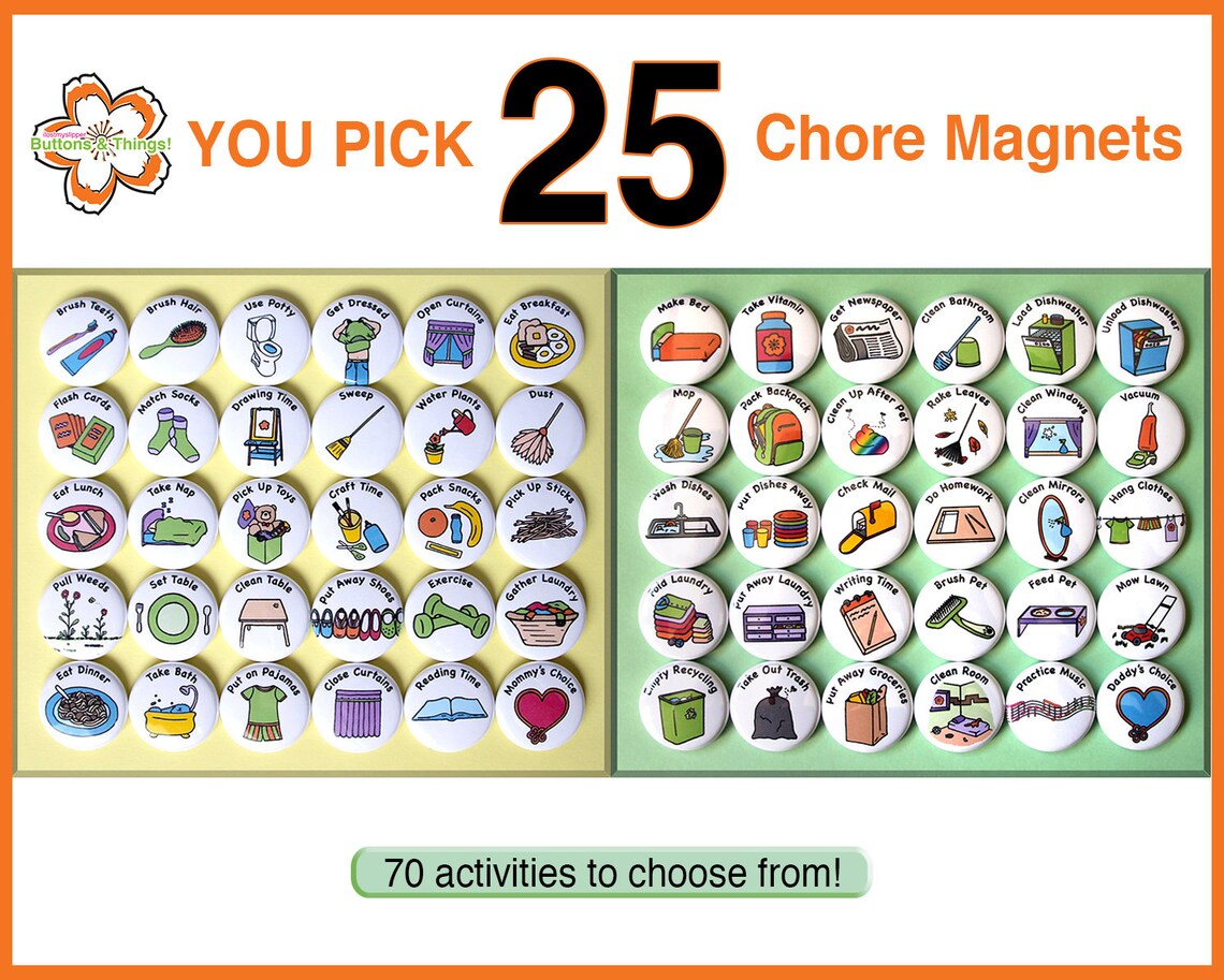 YOU PICK 25 Chore Magnets. 1" Kids Activities to to List. Round ...