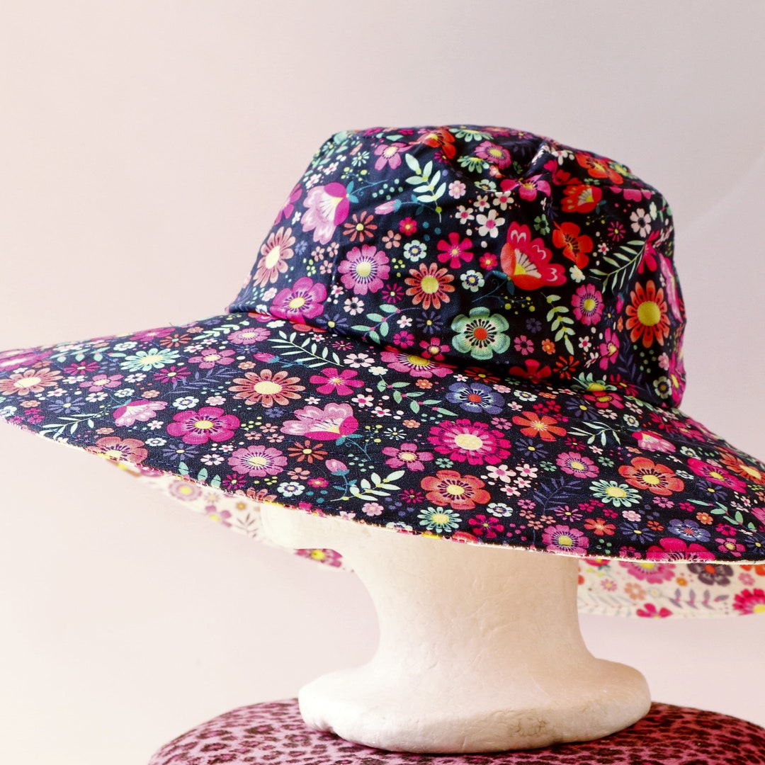 Wide Brim Reversible Sun Hat - Blue Floral - Etsy