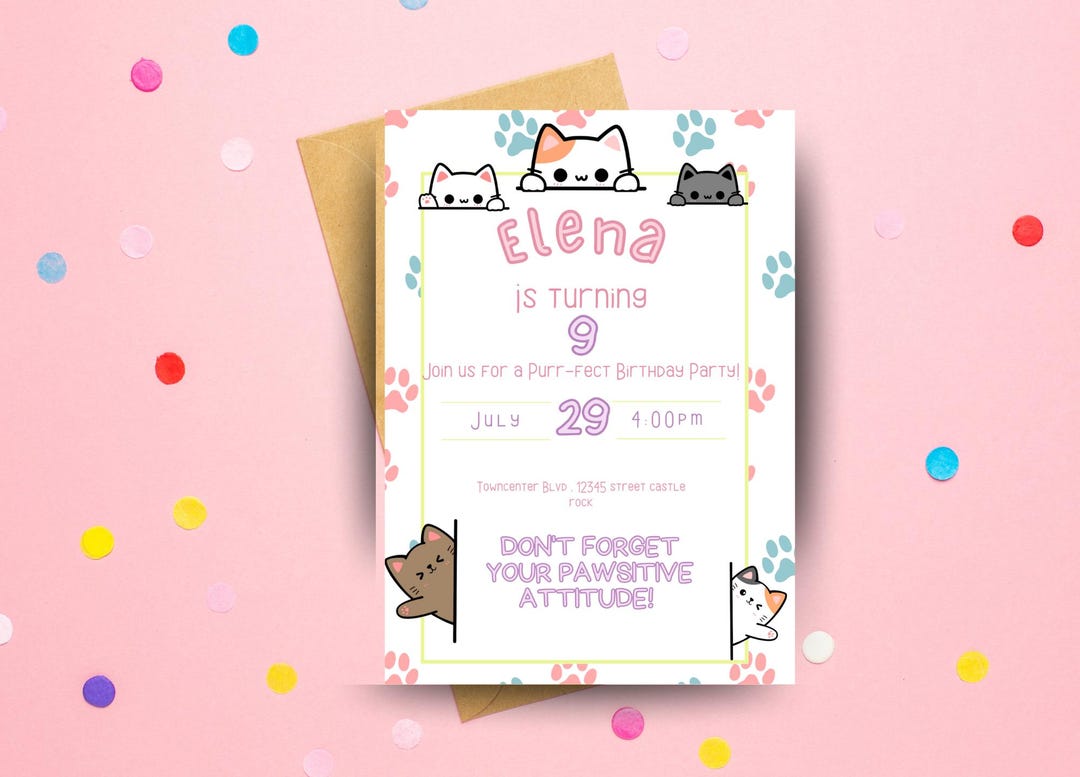 Kawaii Cat Birthday Invitation for Girls Editable Canva Template Cat ...