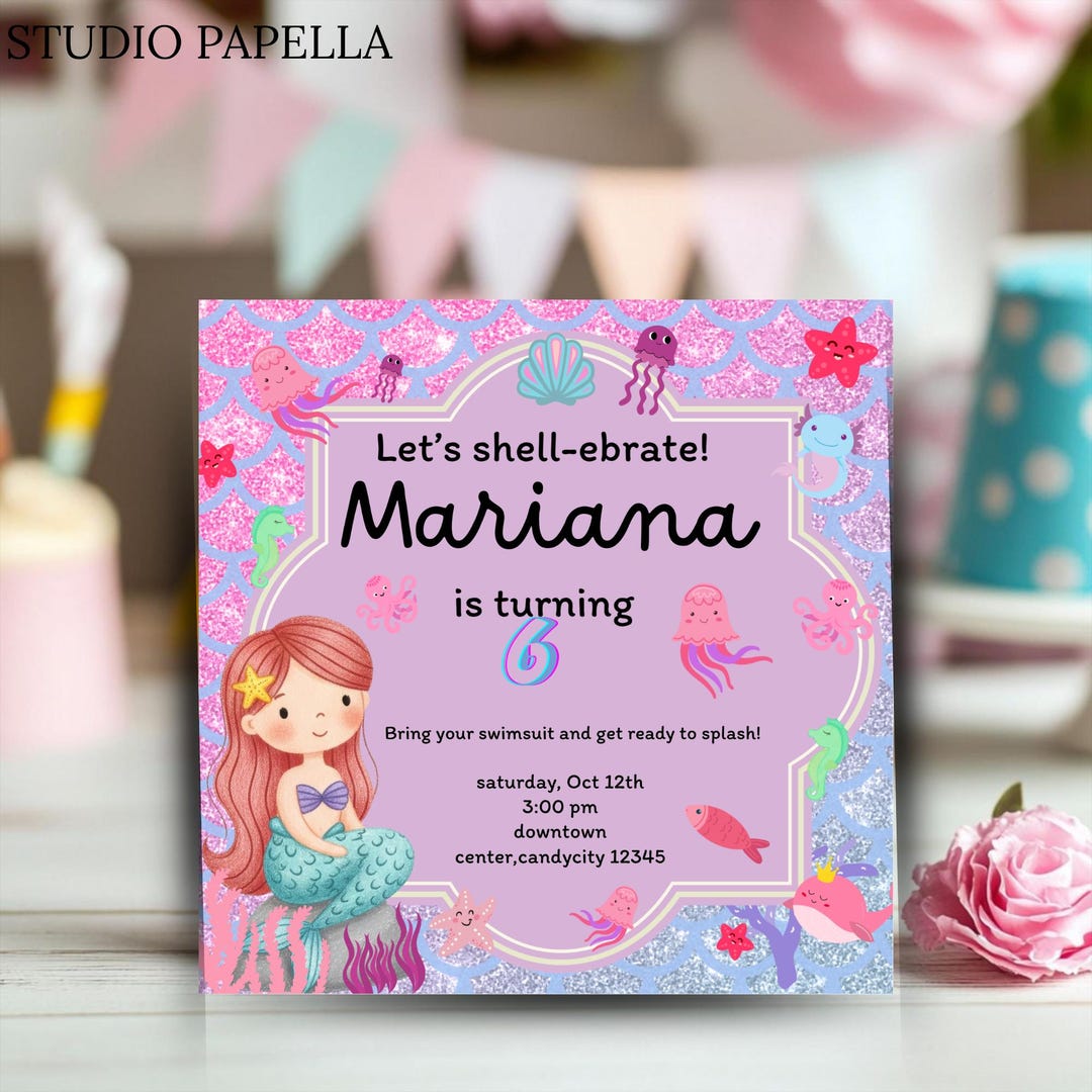 Let’s Shell-ebrate | Editable Mermaid Birthday Invitation | Purple ...