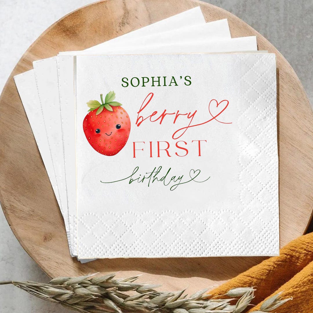 Editable Berry First Birthday Napkins Template, Personalized Strawberry ...