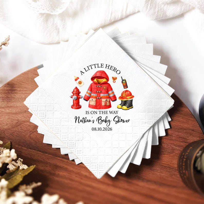 Firefighter Baby Shower Napkins, Custom Baby Shower Cocktail Napkins ...