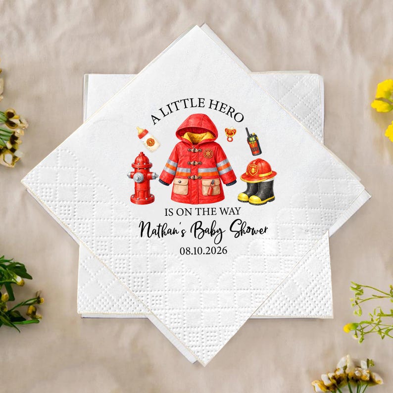 Firefighter Baby Shower Napkins, Custom Baby Shower Cocktail Napkins ...