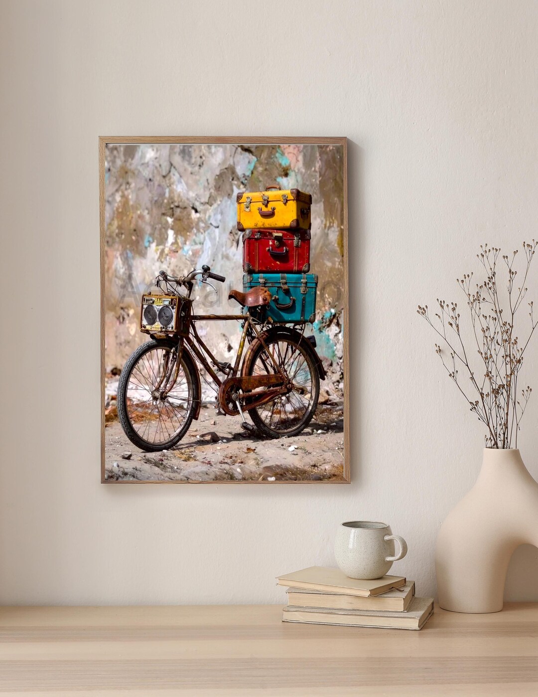 Rustic Cycle Wall Art, Vintage Pakistani Bicycle Print, Old Suitcase ...