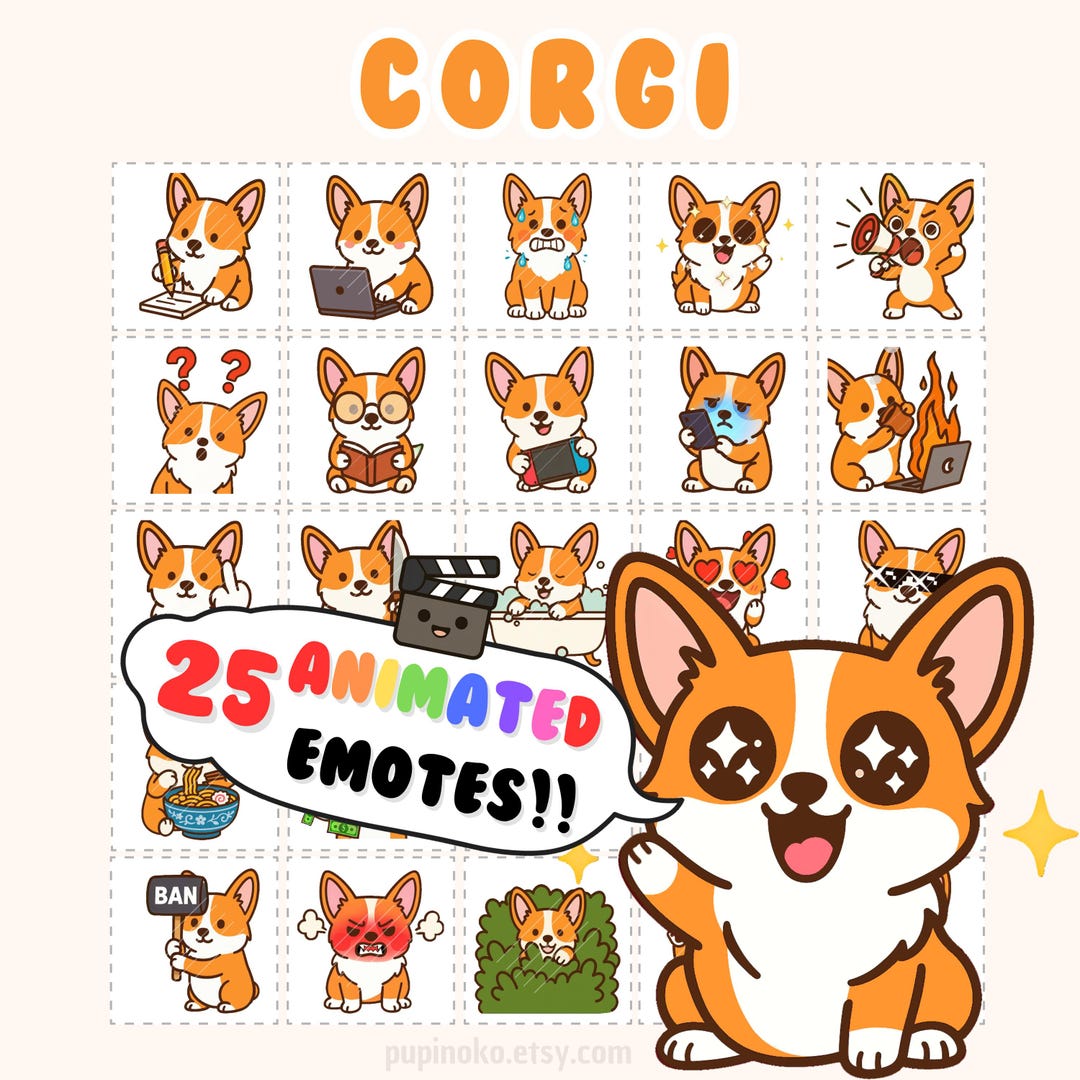 Animated Twitch Emotes: 25 Corgi Emote Bundle, Discord Stickers, Dog ...