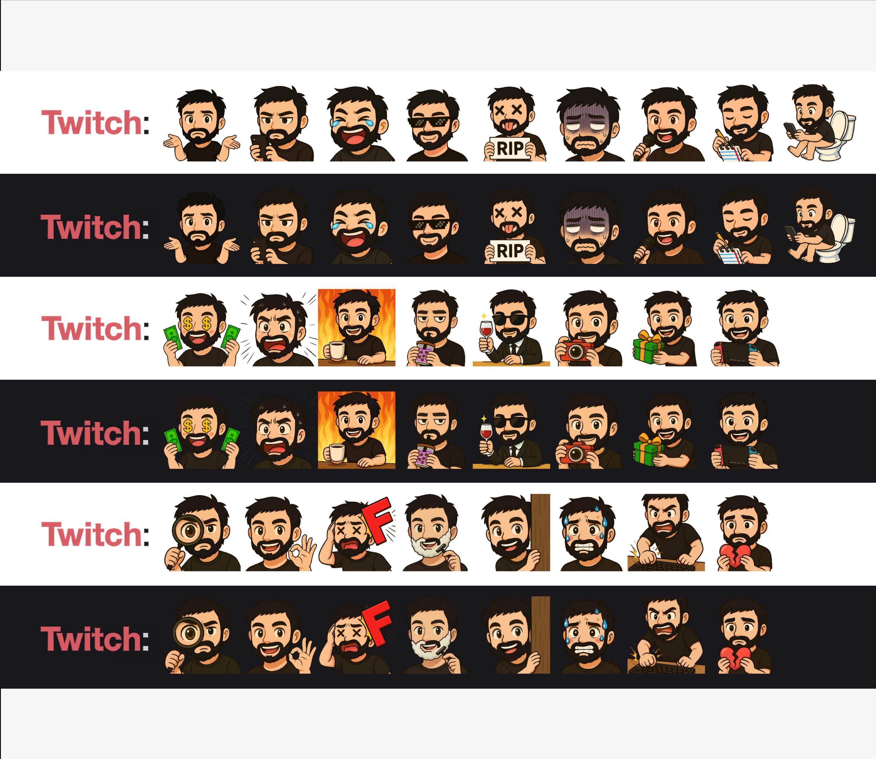 Beard Guy Twitch Emotes: Black Hair Man Emotes, Discord Emote Pack ...