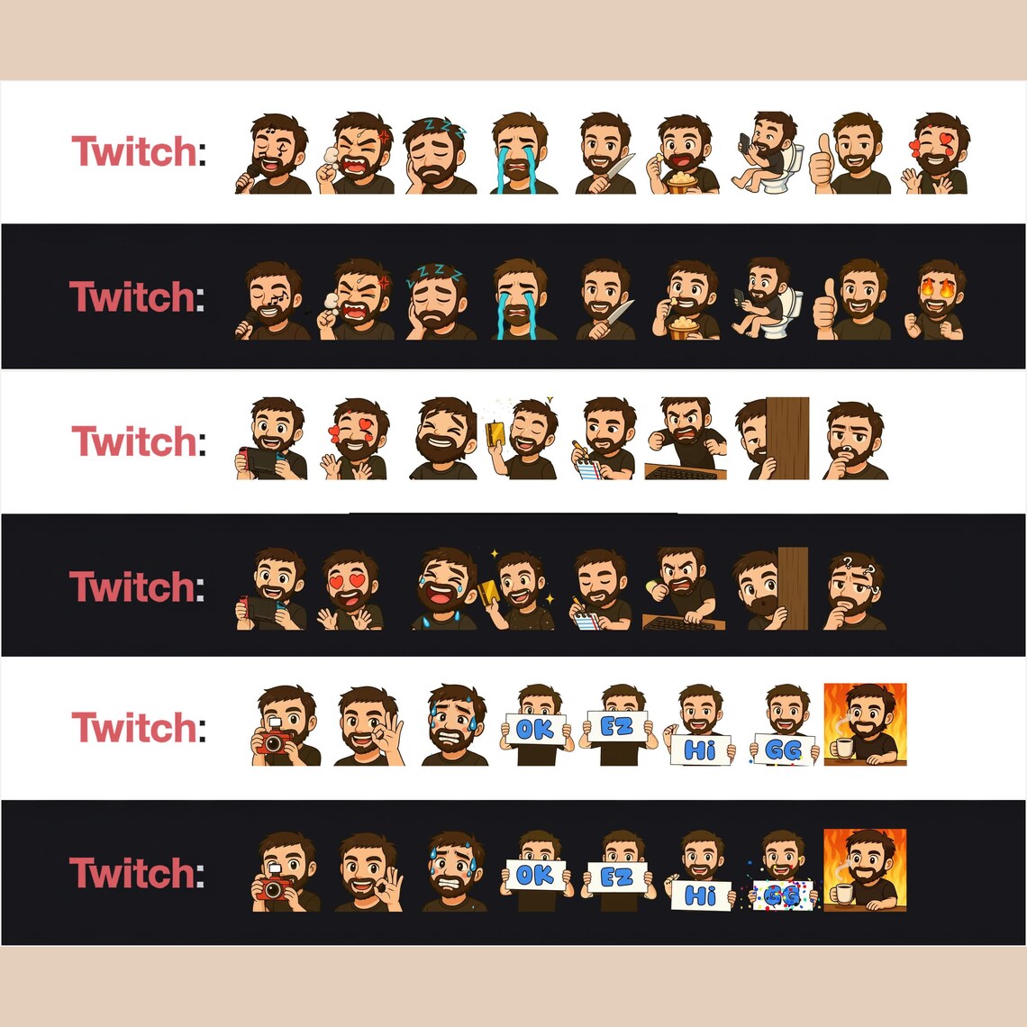 Animated Twitch Emotes: Beard Guy Emote Bundle, Brown Hair Boy ...
