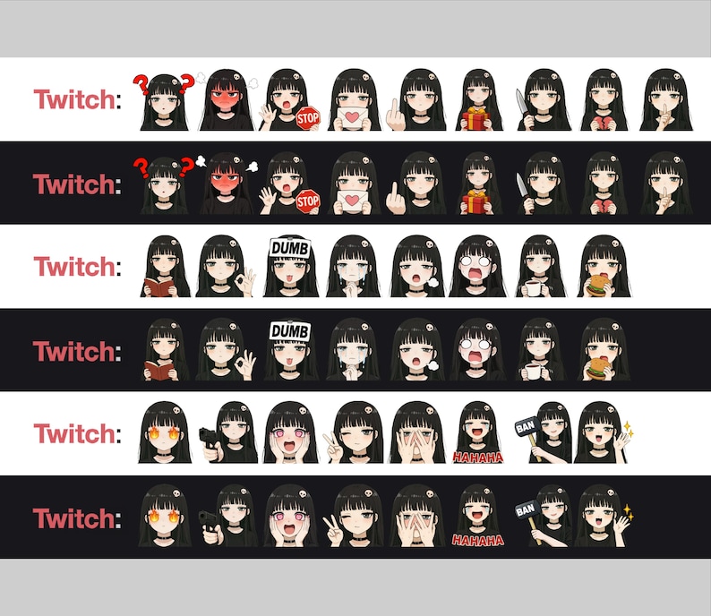 Twitch Emotes: Goth Girl Emote Pack, Discord Stickers, Black Hair ...