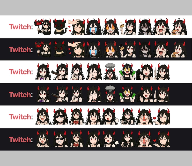 Twitch Emotes, Demon Girl Emote Pack, Discord Emotes, Black Hair Evil ...