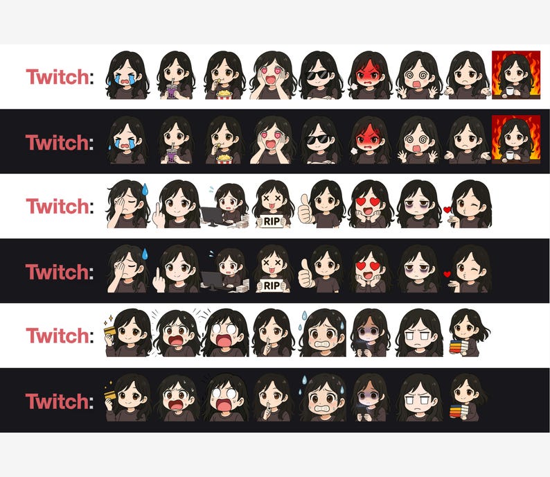 Twitch Emotes: Chibi Dark Hair Girl Emote Bundle Pack, GG, Stream ...