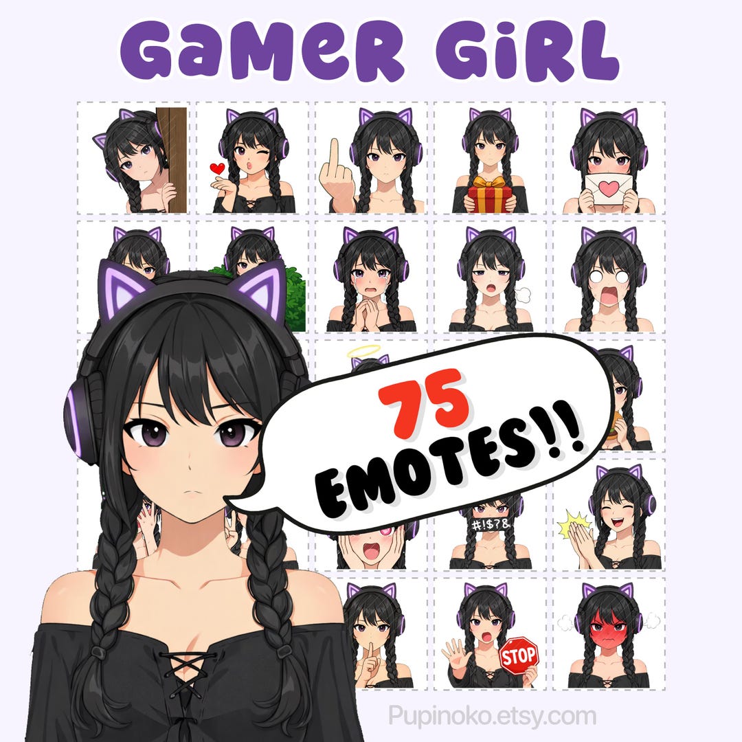 Twitch Emotes: Gamer Girl Emote Pack, Black Hair Bundle, Discord ...