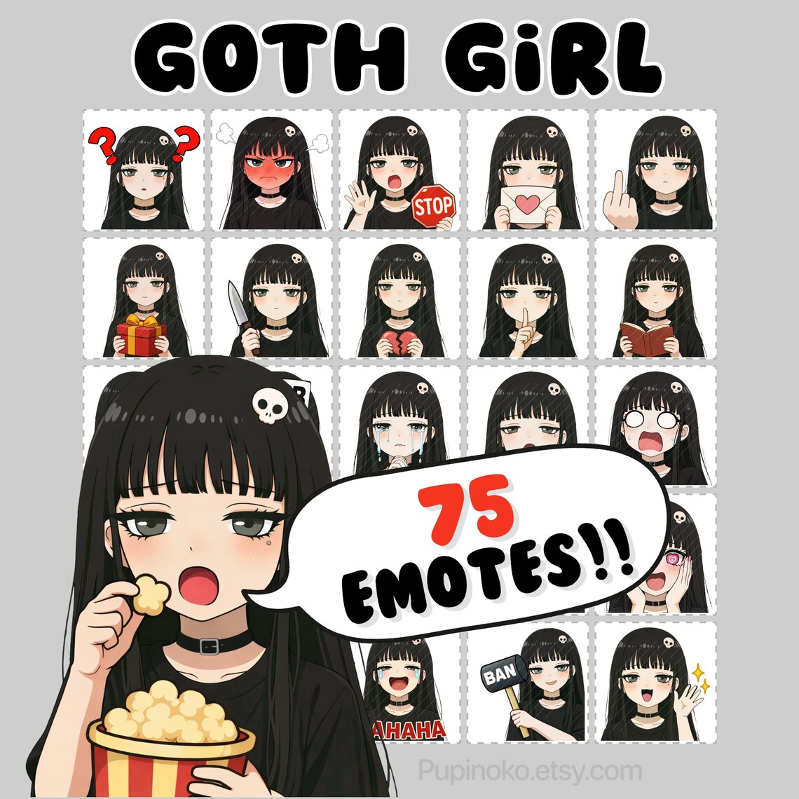 Twitch Emotes: Goth Girl Emote Pack, Discord Stickers, Black Hair ...
