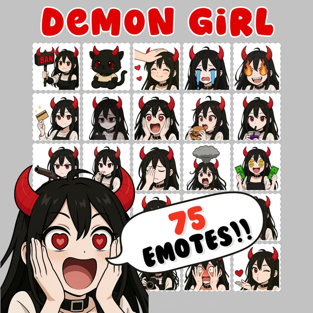 Twitch Emotes, Demon Girl Emote Pack, Discord Emotes, Black Hair Evil ...