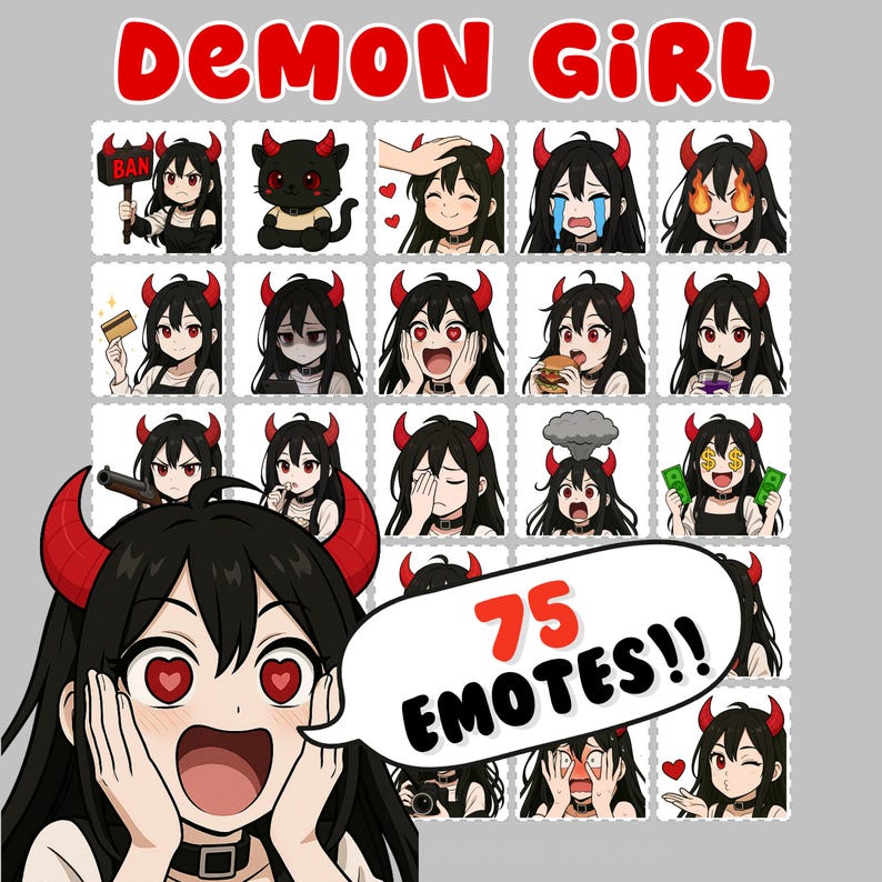 Twitch Emotes, Demon Girl Emote Pack, Discord Emotes, Black Hair Evil ...