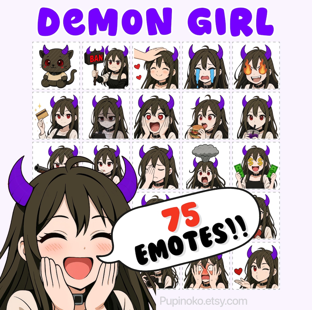 Twitch Emotes, Demon Purple Girl Emote Pack, Discord Emotes, Dark Brown ...