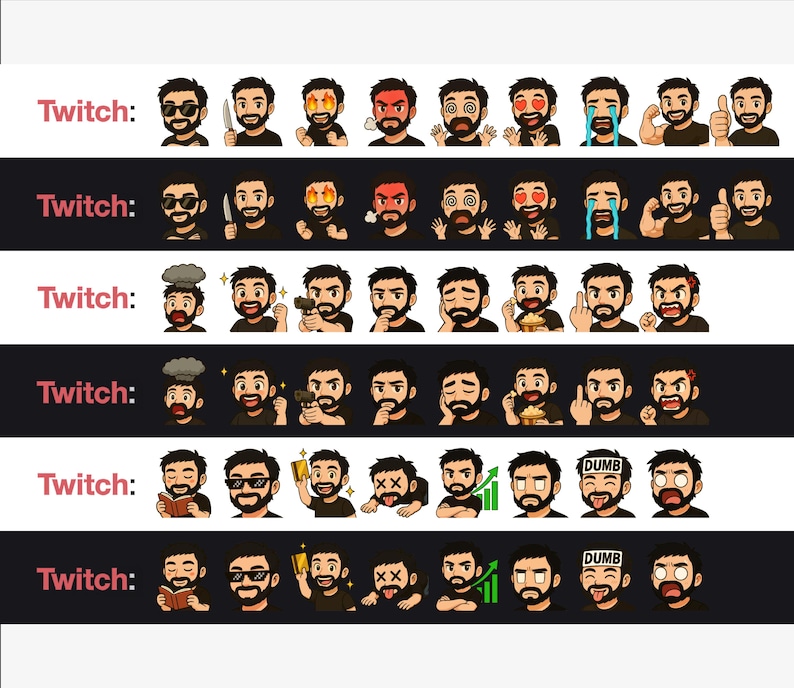 Beard Guy Twitch Emotes: Black Hair Man Emotes, Discord Emote Pack ...