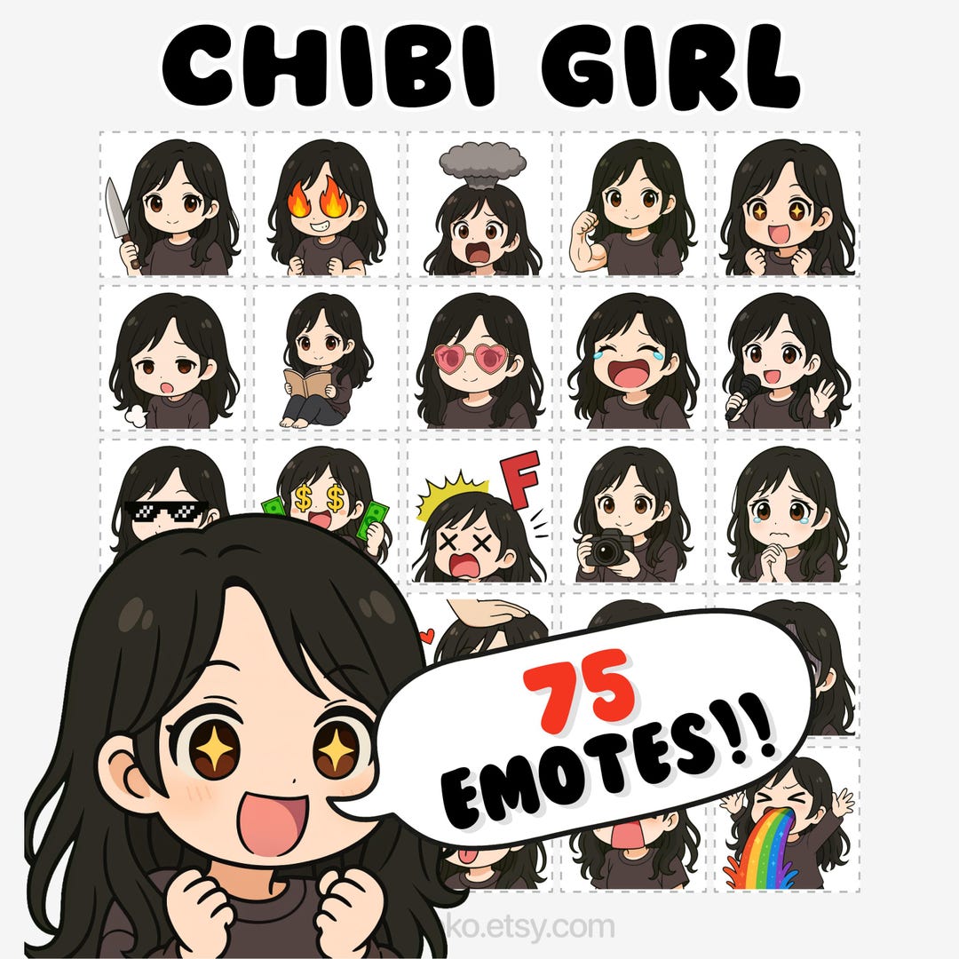 Twitch Emotes: Chibi Dark Hair Girl Emote Bundle Pack, GG, Stream ...