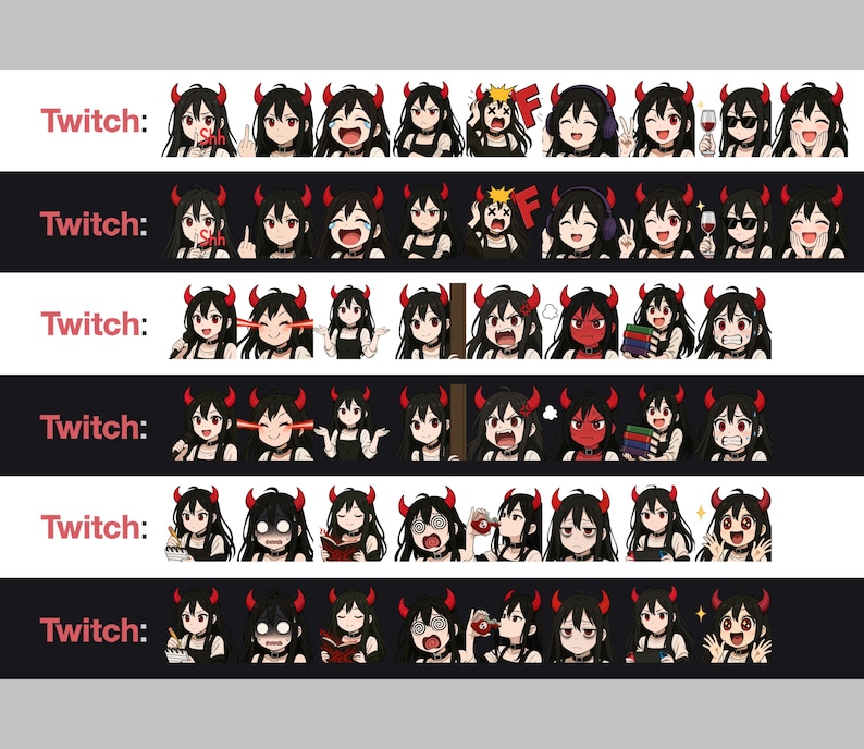 Twitch Emotes, Demon Girl Emote Pack, Discord Emotes, Black Hair Evil ...
