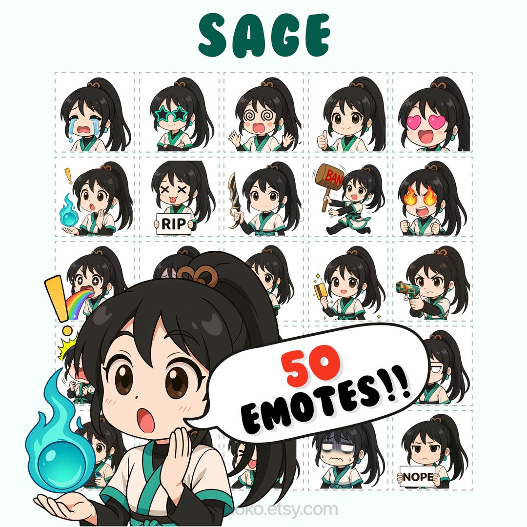 Sage Chibi Girl Emotes: 50 Twitch/discord Emote Bundle (PNG) - Etsy