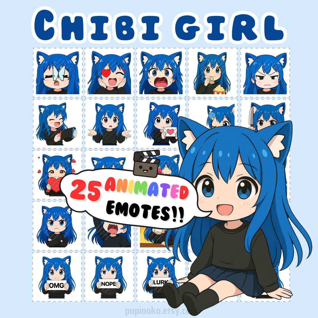 Animated Chibi Emotes: Blue Hair Neko Girl, Twitch/discord (GIF Bundle ...