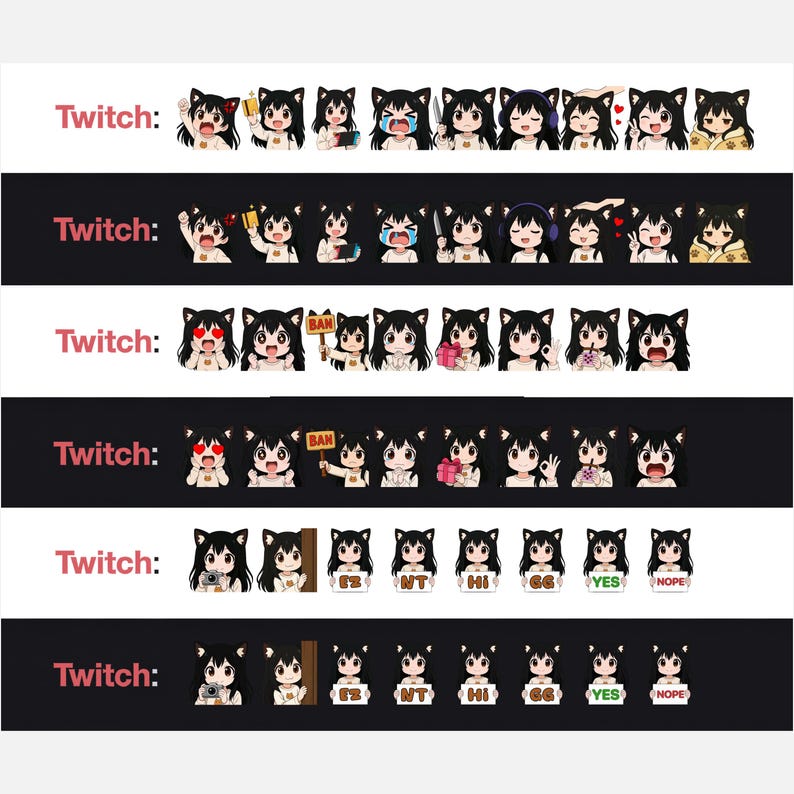 Animated Cat Girl Twitch Emotes: Black Hair Chibi (GIF) - Etsy Canada