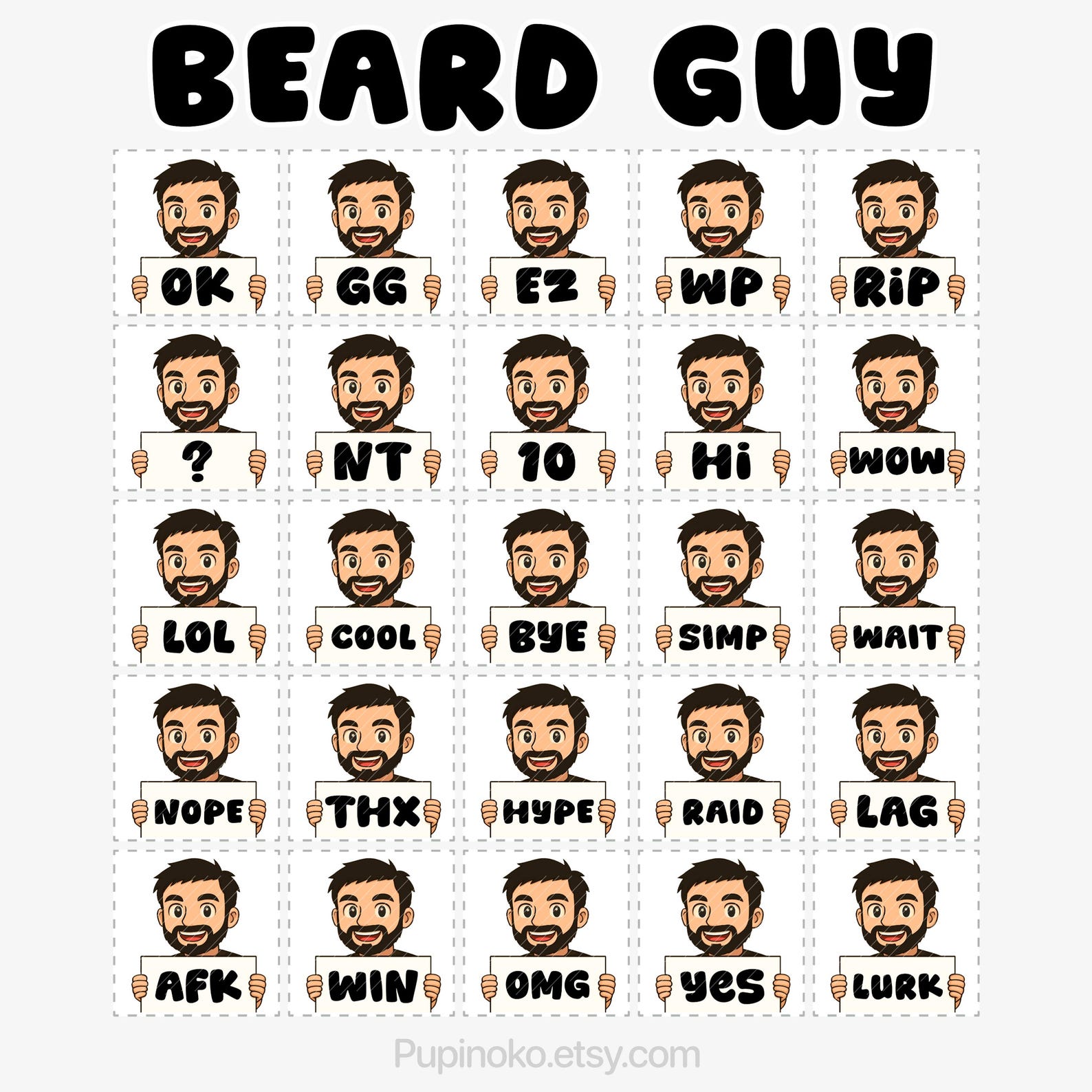 Beard Guy Twitch Emotes: Black Hair Man Emotes, Discord Emote Pack ...