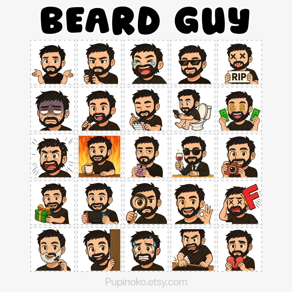Beard Guy Twitch Emotes: Black Hair Man Emotes, Discord Emote Pack ...