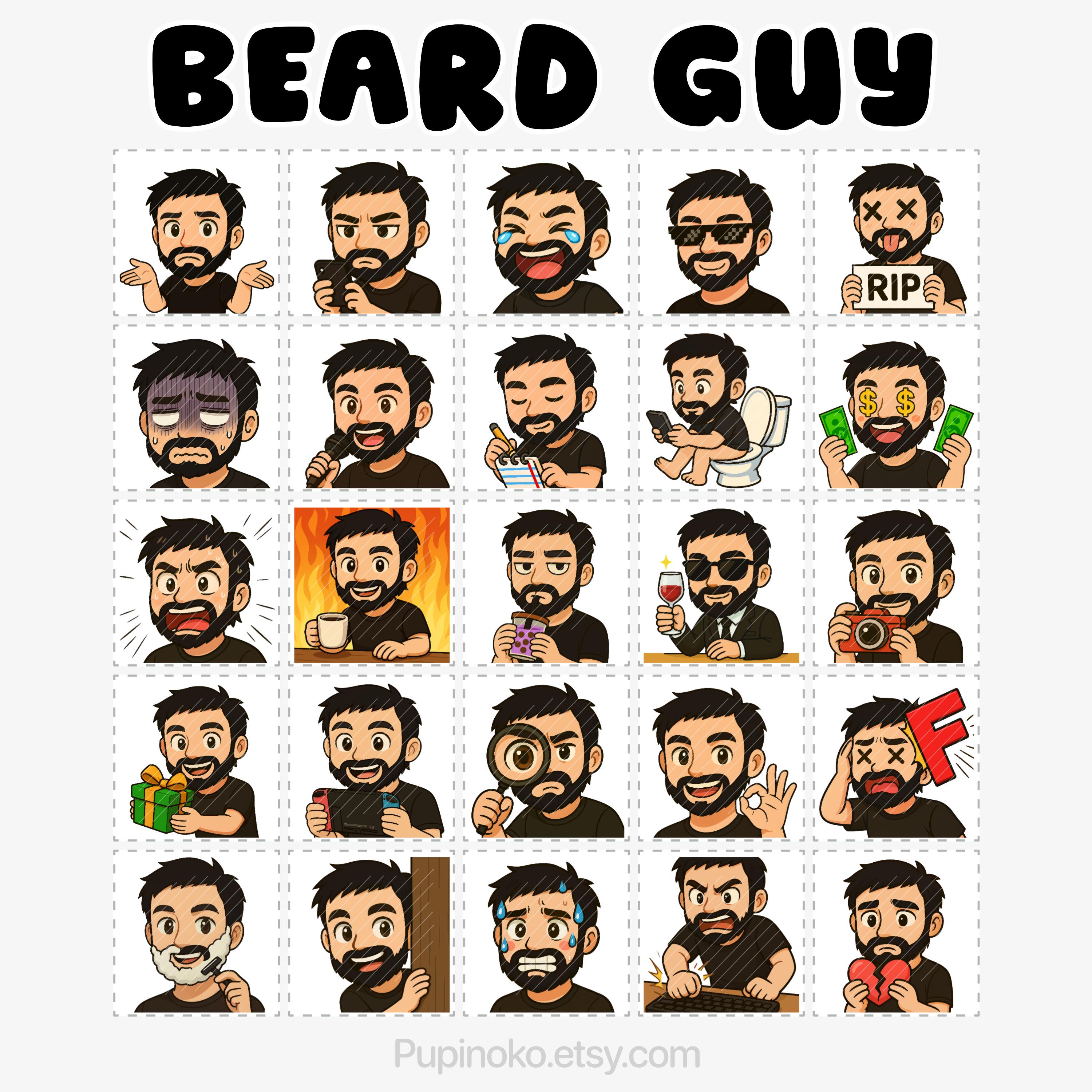Beard Guy Twitch Emotes: Black Hair Man Emotes, Discord Emote Pack ...