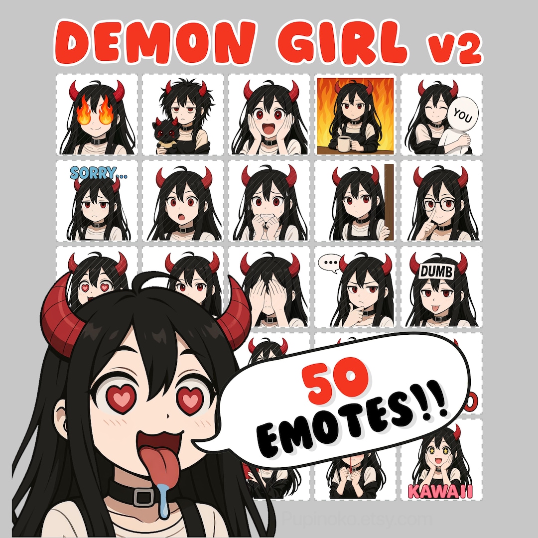 Twitch Emotes: Demon Girl Emote Pack, Discord Stickers, Black Hair Evil ...