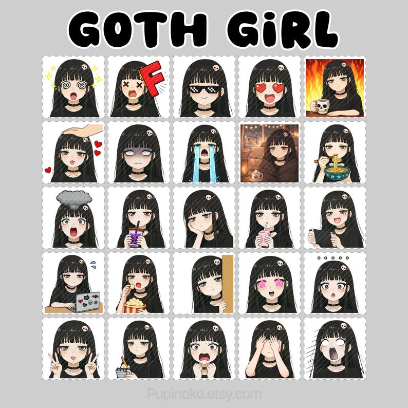 Twitch Emotes: Goth Girl Emote Pack, Discord Stickers, Black Hair ...