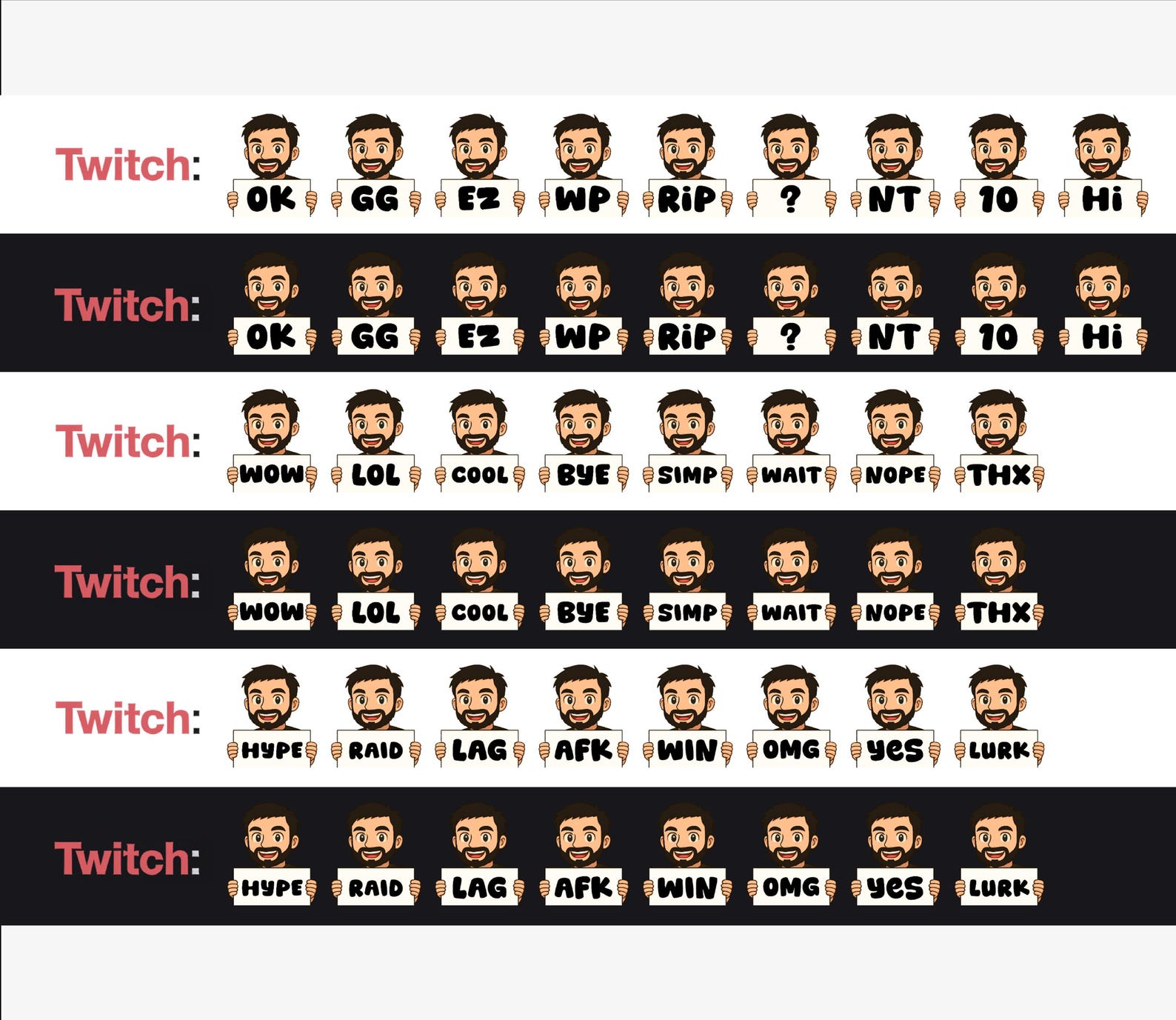 Beard Guy Twitch Emotes: Black Hair Man Emotes, Discord Emote Pack ...