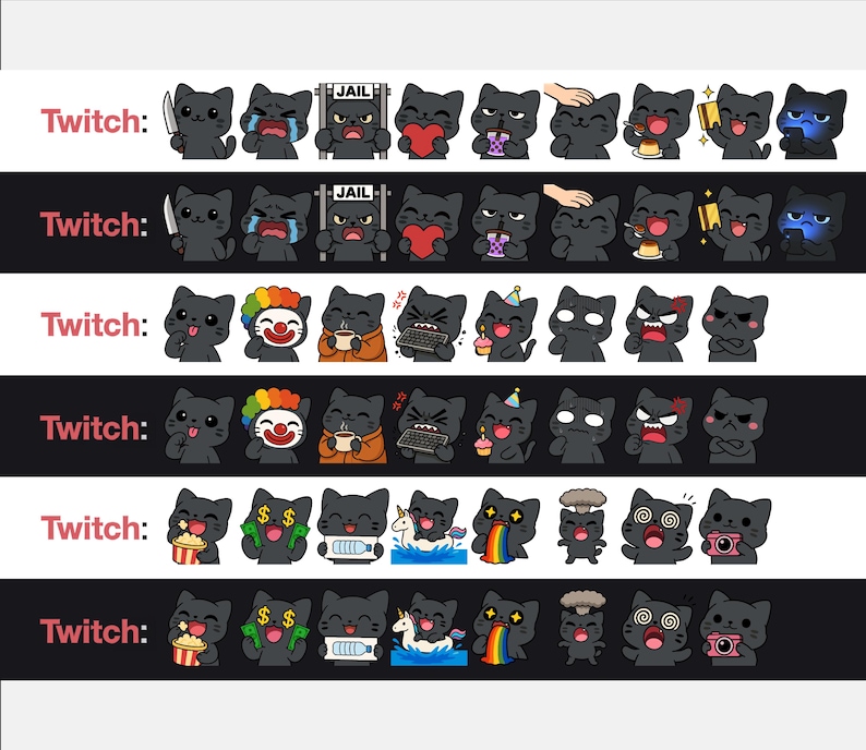 Black Cat Twitch Emotes: Chibi Kawaii Emotes, Emote Bundle Pack (PNG ...